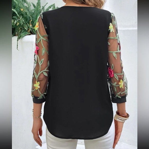 BellanBlue | Tops | Boho Black Floral Embroidered Sheer Sleeve Top ...